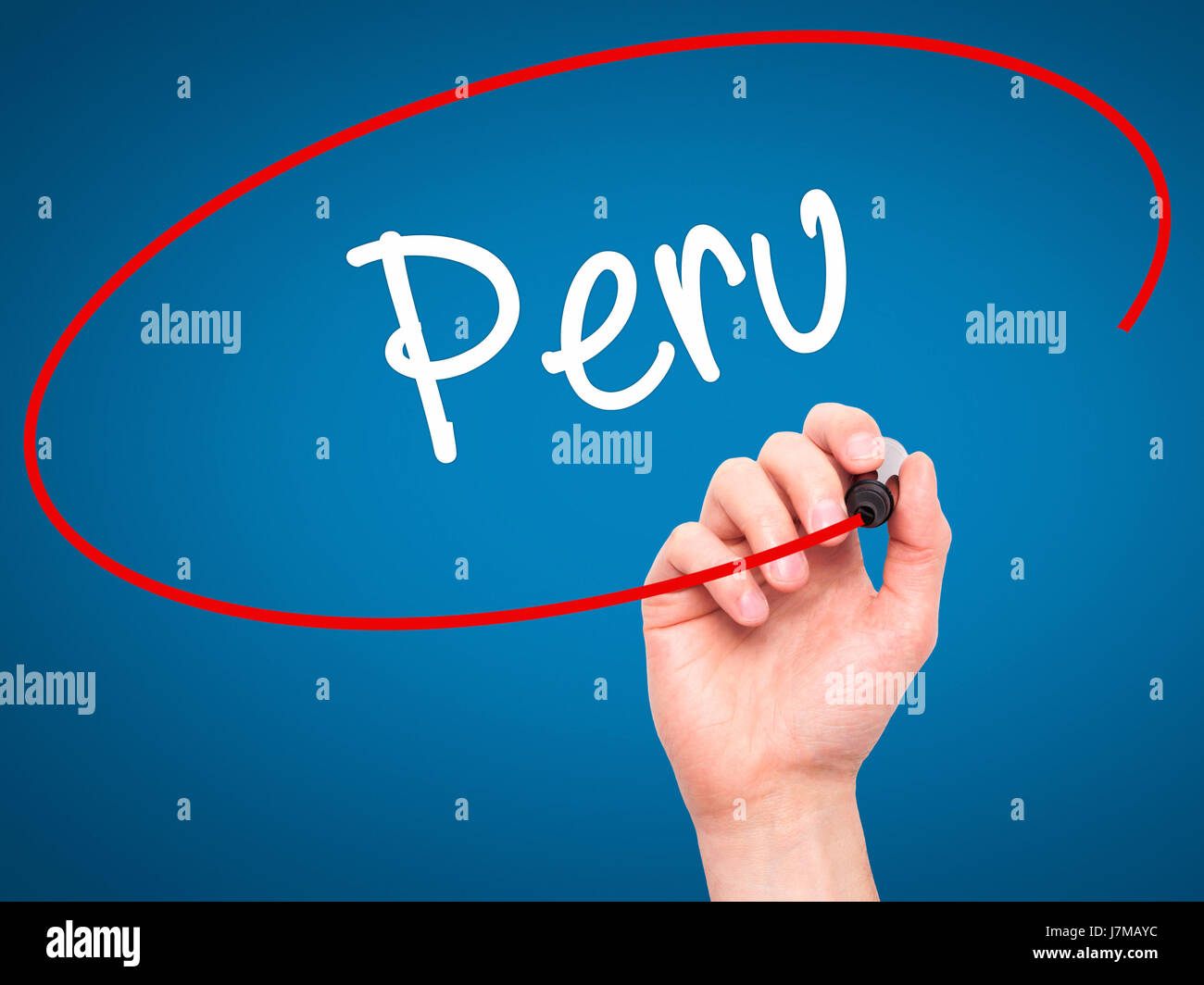 Man Hand writing Peru with black marker on visual screen. Isolated on ...