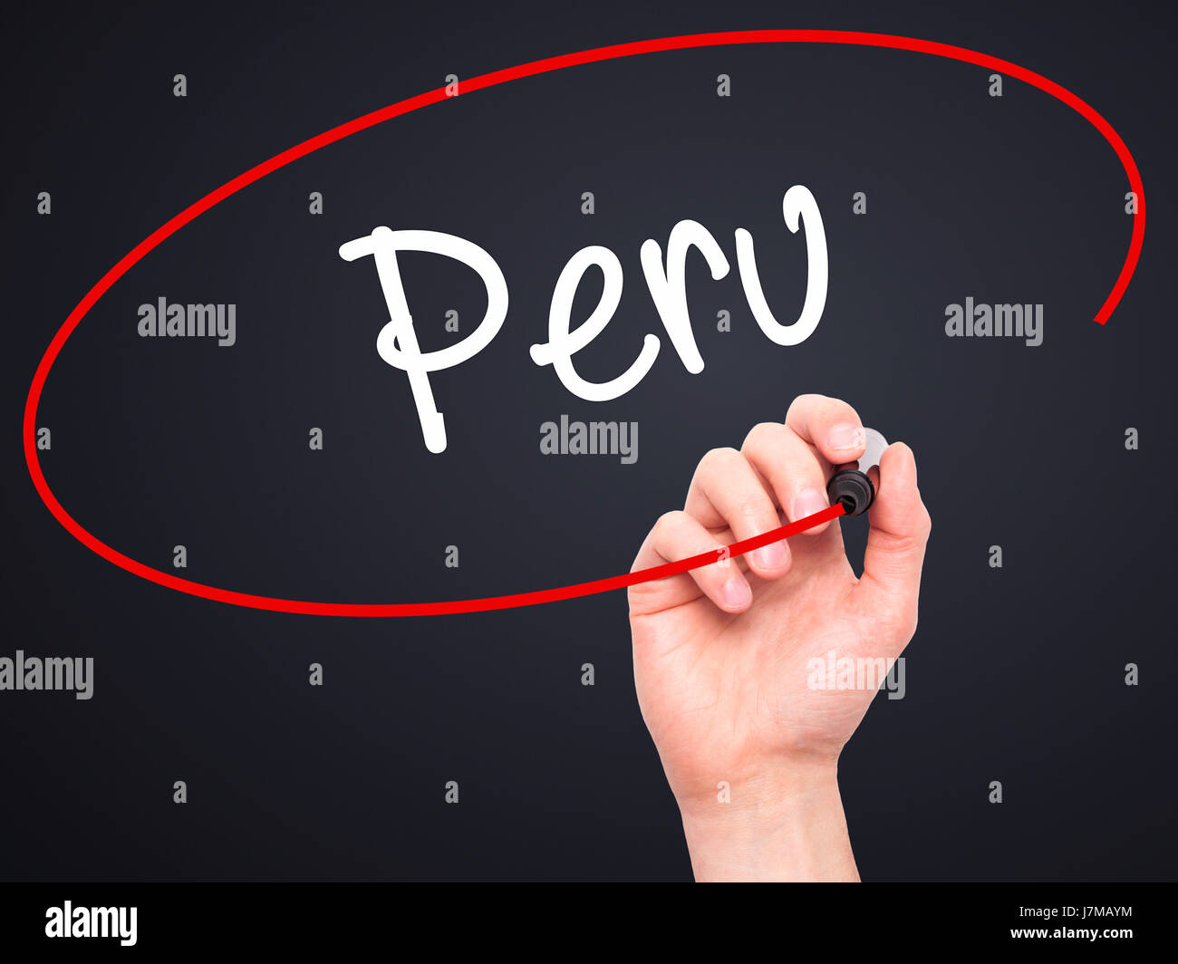 Man Hand writing Peru with black marker on visual screen. Isolated on ...