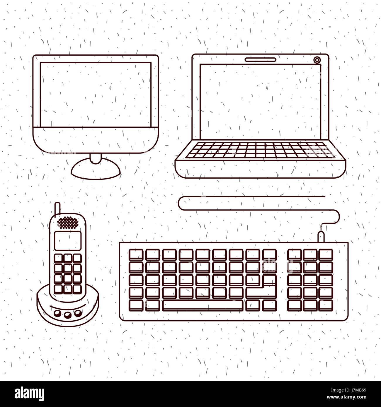 white background with sparkles and silhouette computer and phone office ...