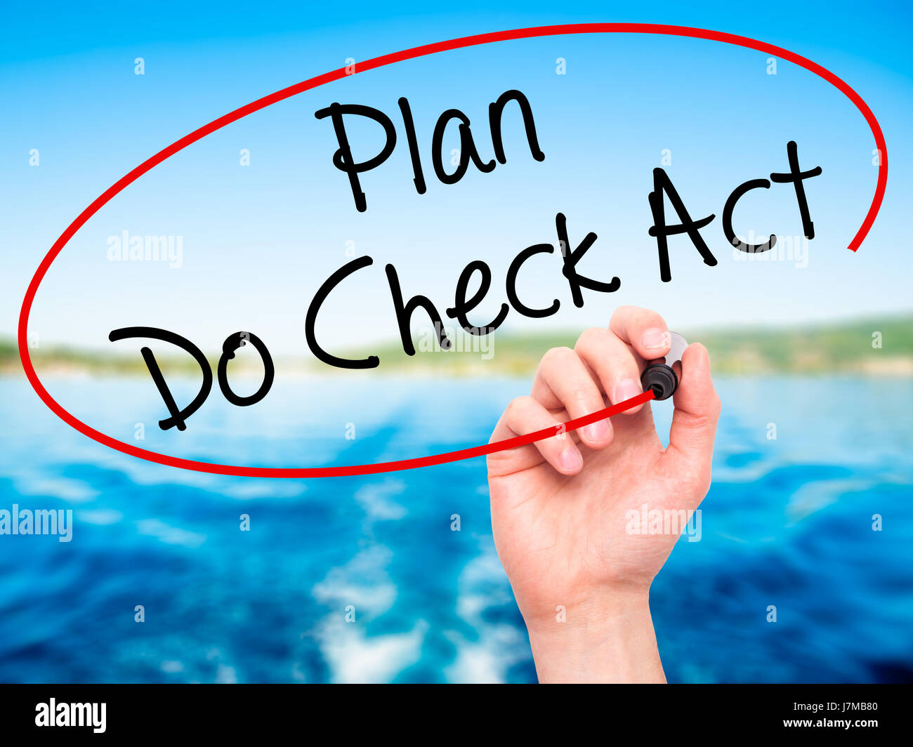 Man Hand writing Plan Do Check Act with black marker on visual screen ...