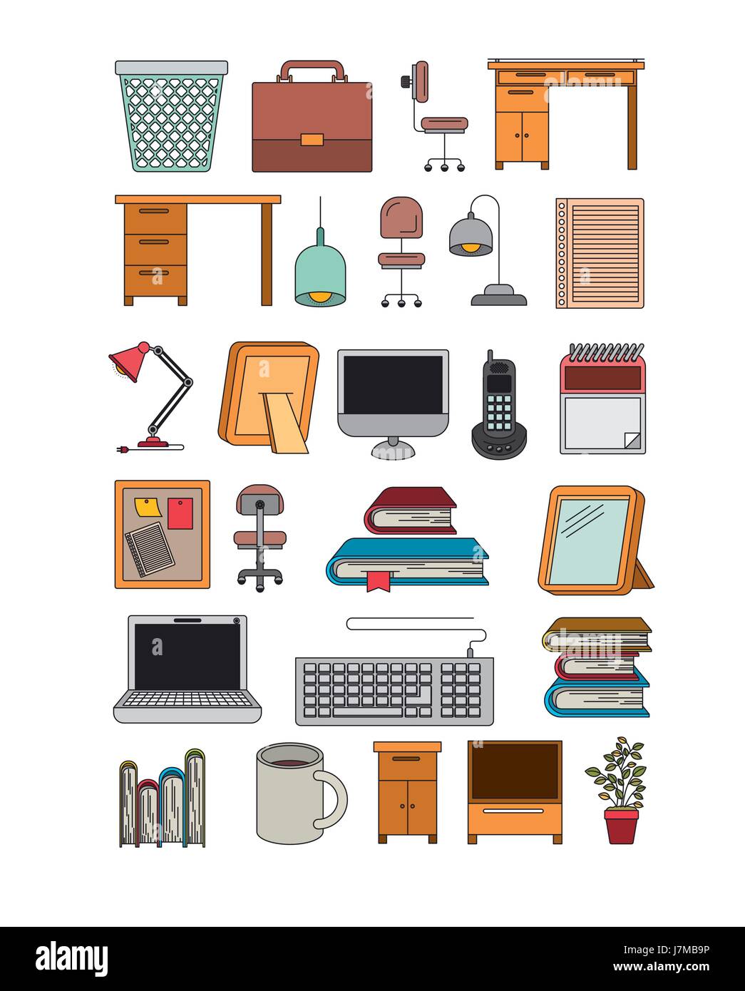 white background with color silhouette office elements set Stock Vector ...