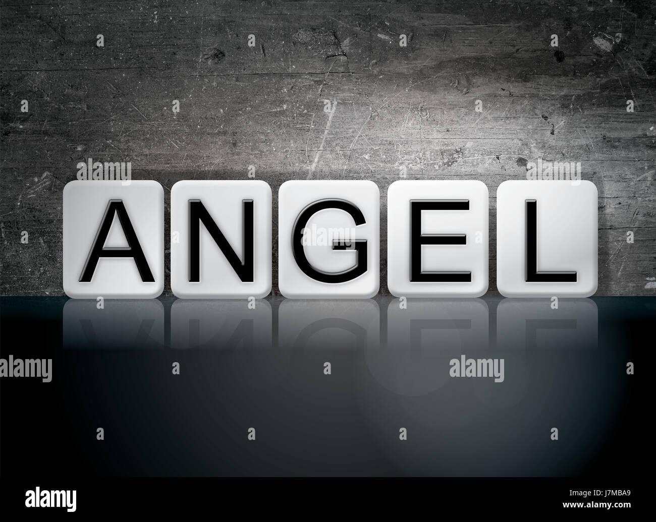 The word Angel concept and theme written in white tiles on a dark ...
