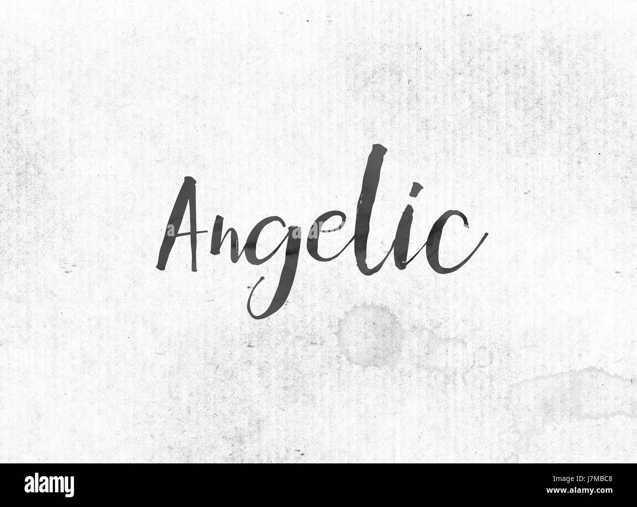 The word Angelic concept and theme painted in black ink on a watercolor ...