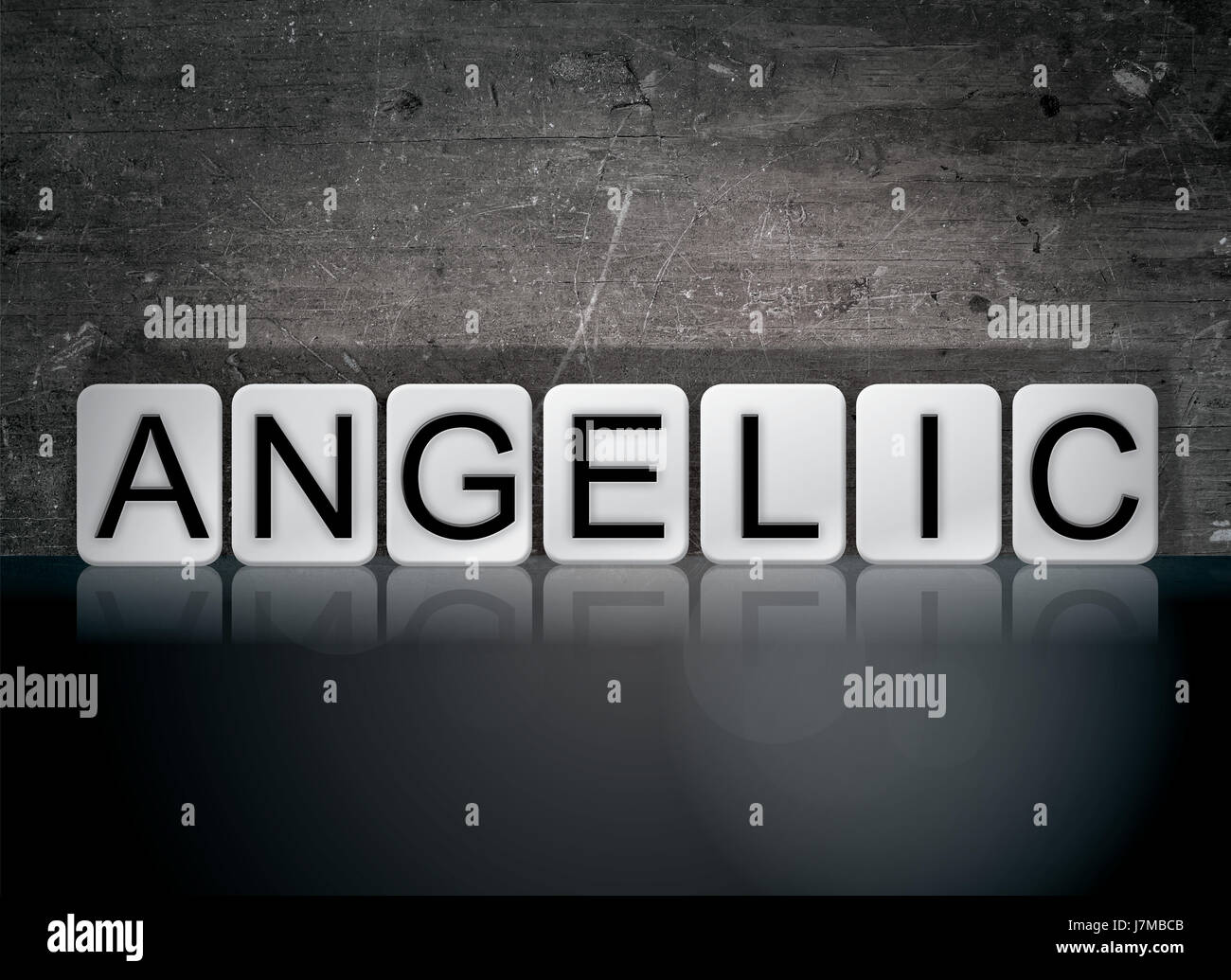 The word Angelic concept and theme written in white tiles on a dark ...