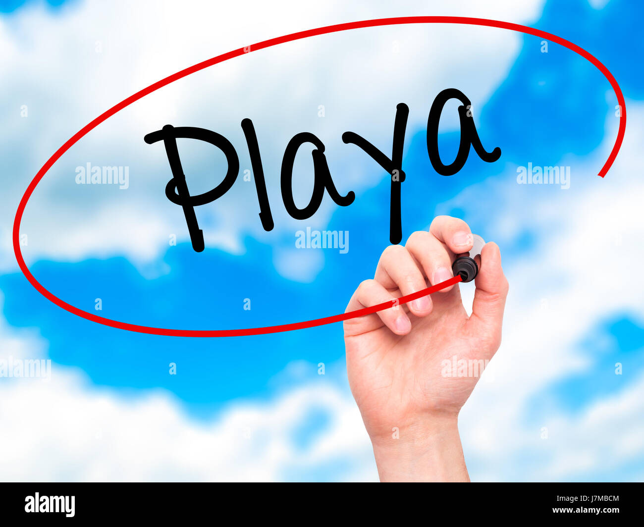 Man Hand writing Playa (Beach in Spanish) with black marker on visual ...