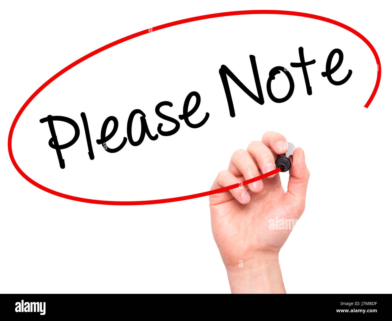 Man Hand writing Please Note with black marker on visual screen ...