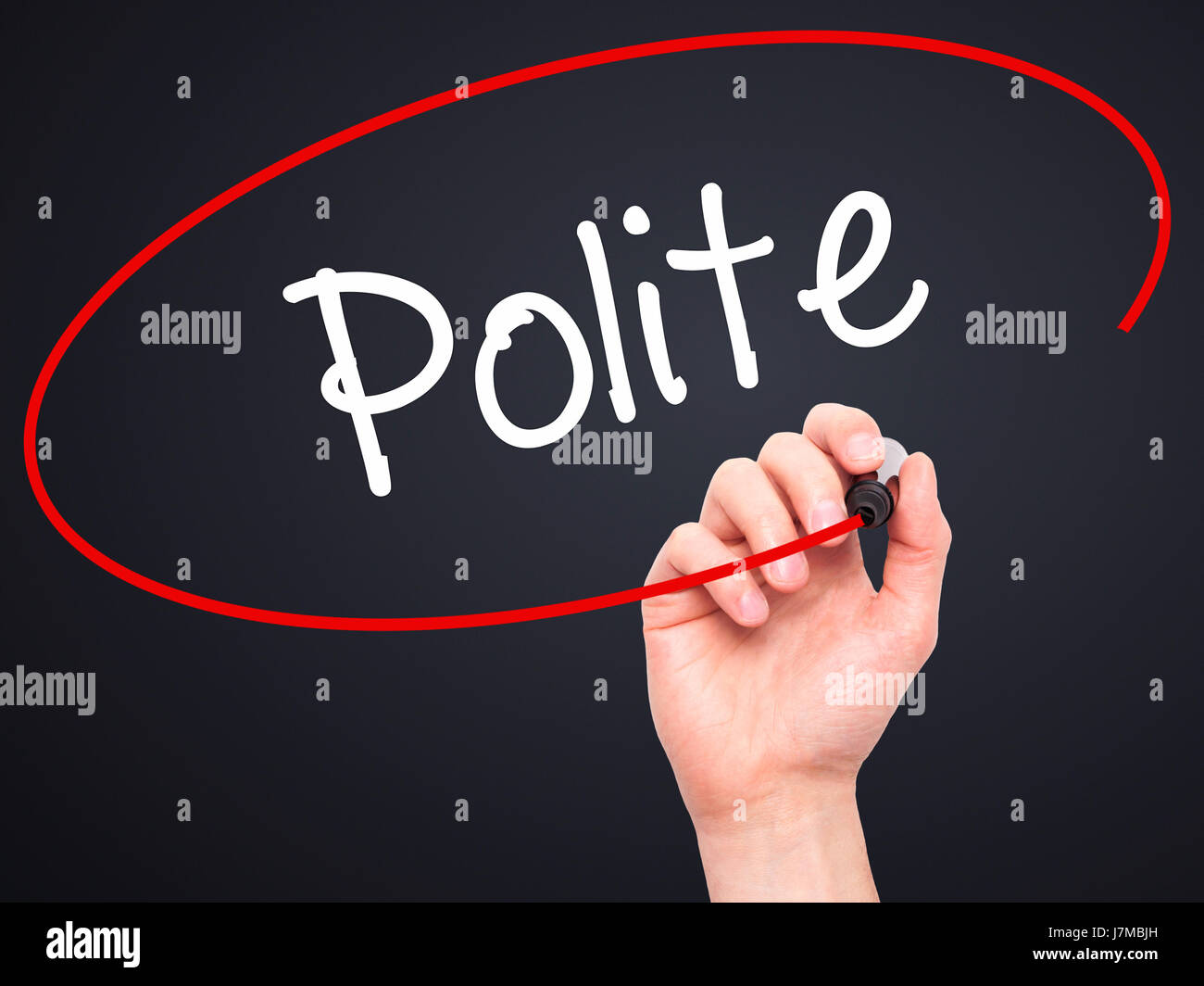 Man Hand writing Polite with black marker on visual screen. Isolated on ...