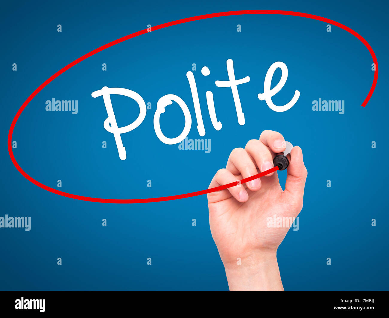 Man Hand writing Polite with black marker on visual screen. Isolated on ...