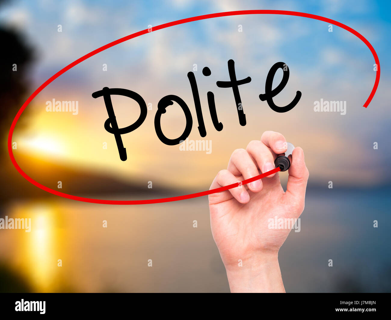 Man Hand writing Polite with black marker on visual screen. Isolated on ...