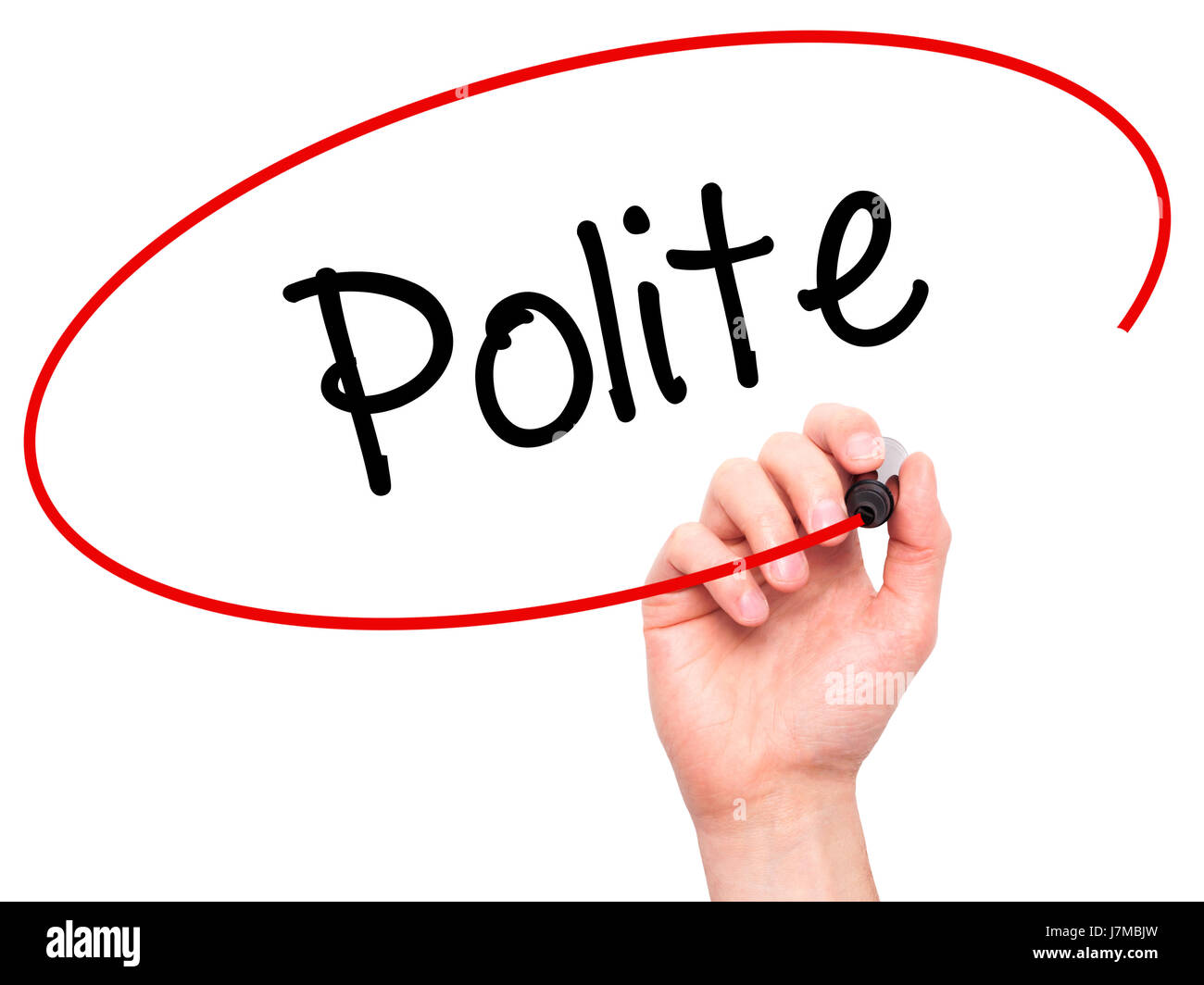 Man Hand writing Polite with black marker on visual screen. Isolated on ...