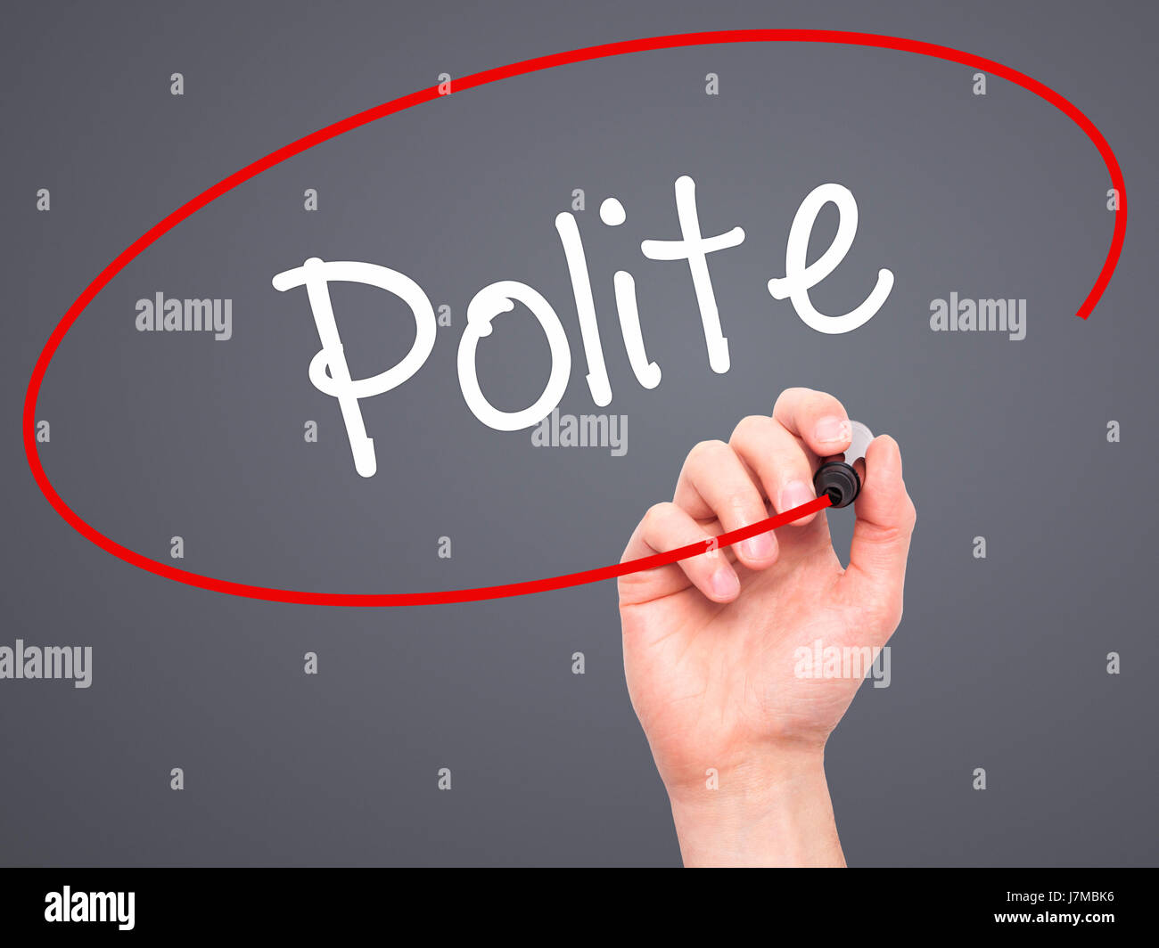 Man Hand writing Polite with black marker on visual screen. Isolated on ...