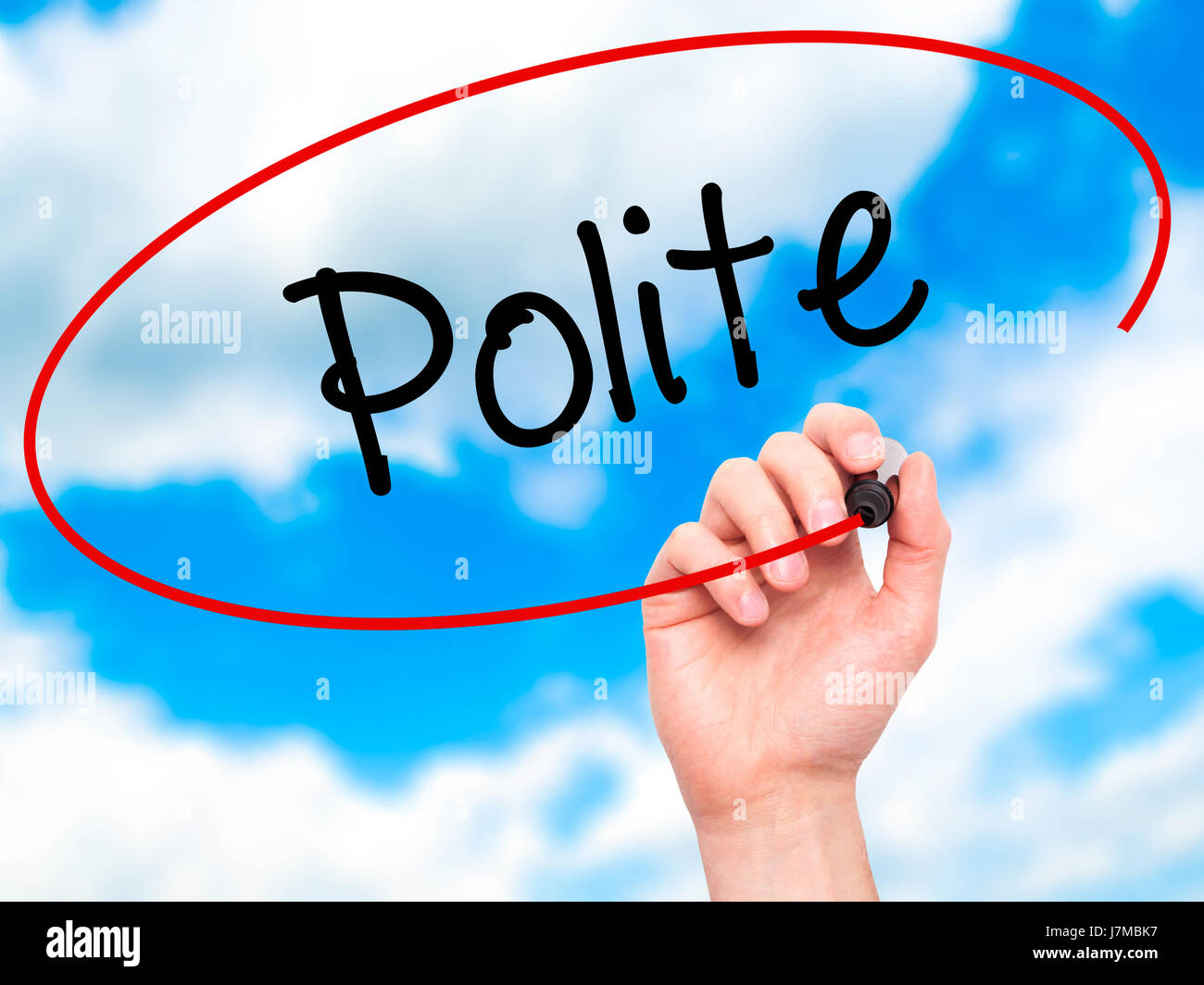 Man Hand writing Polite with black marker on visual screen. Isolated on ...