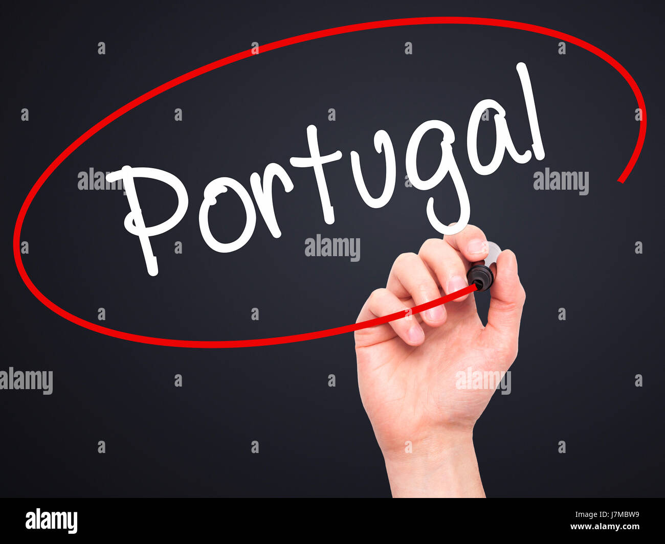 Man Hand writing Portugal with black marker on visual screen. Isolated ...