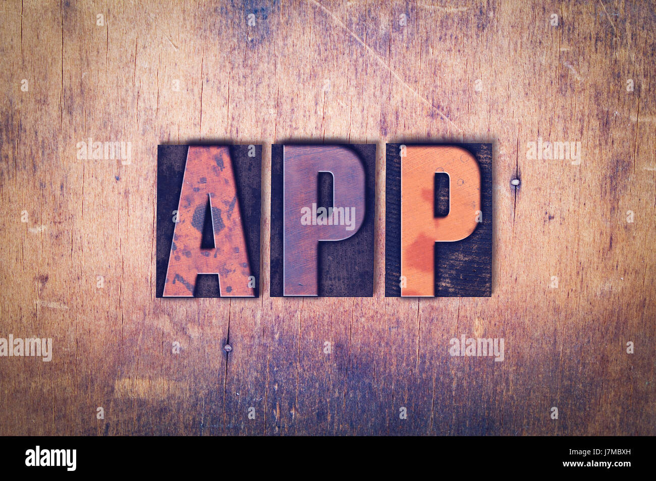 The word App concept and theme written in vintage wooden letterpress ...