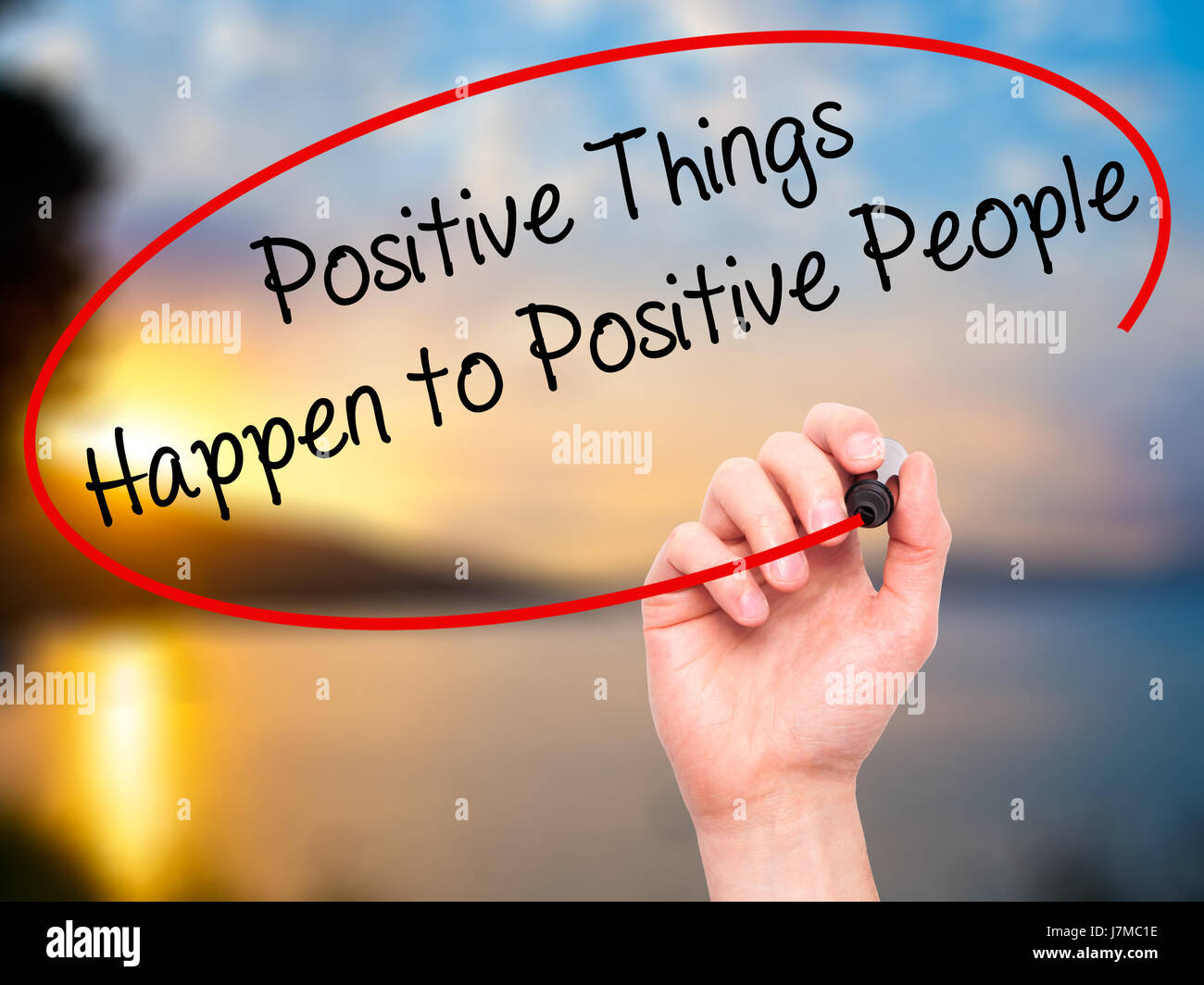 Man Hand writing Positive Things Happen to Positive People with black ...