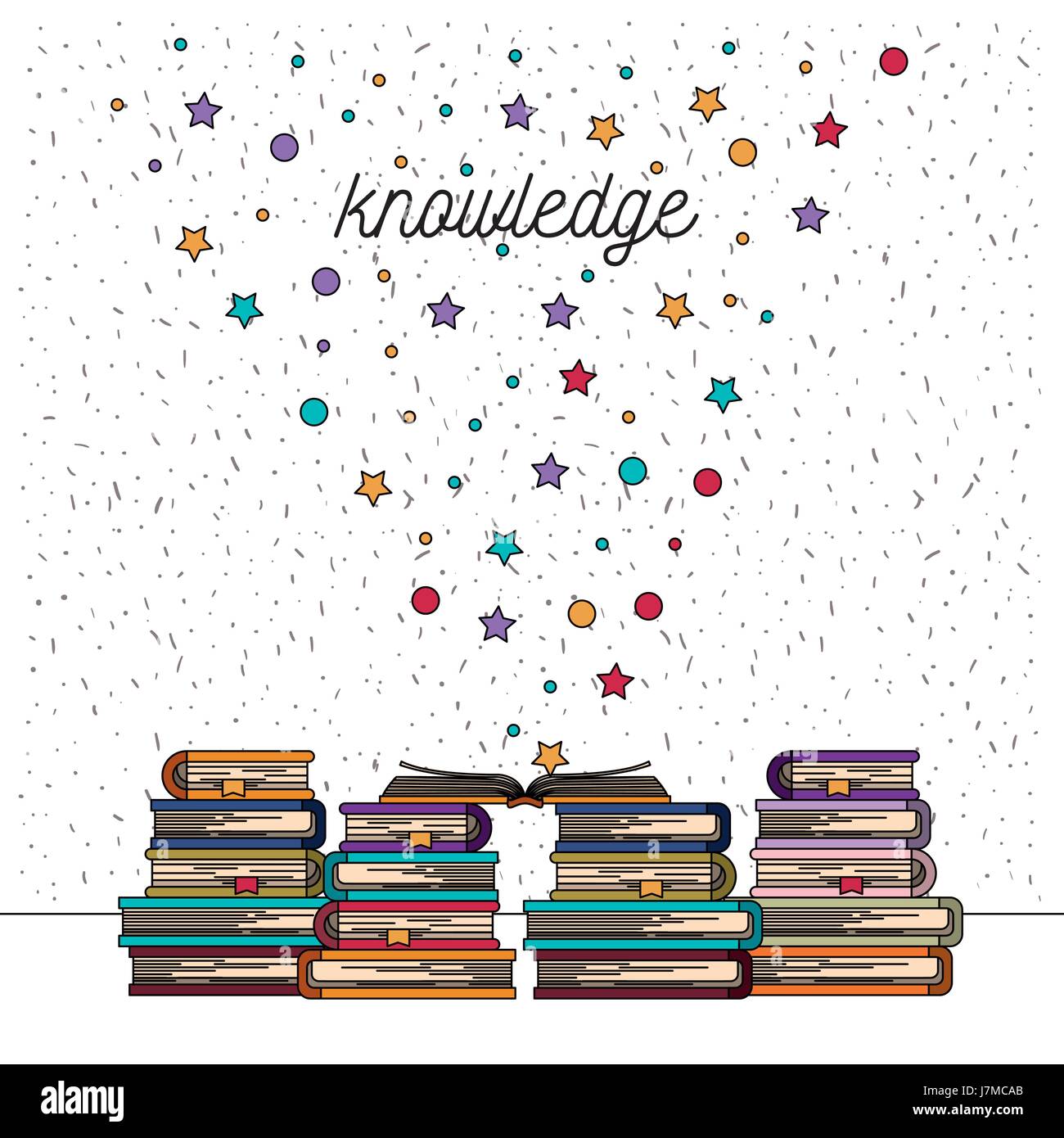 white background with sparkles of knowledge stack of books Stock Vector ...