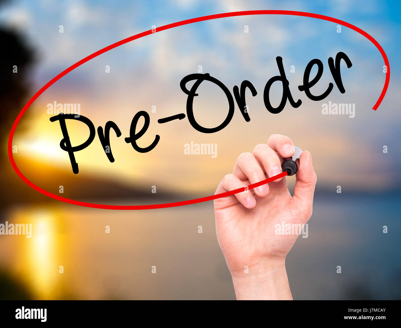 Man Hand writing Pre-Order with black marker on visual screen. Isolated ...
