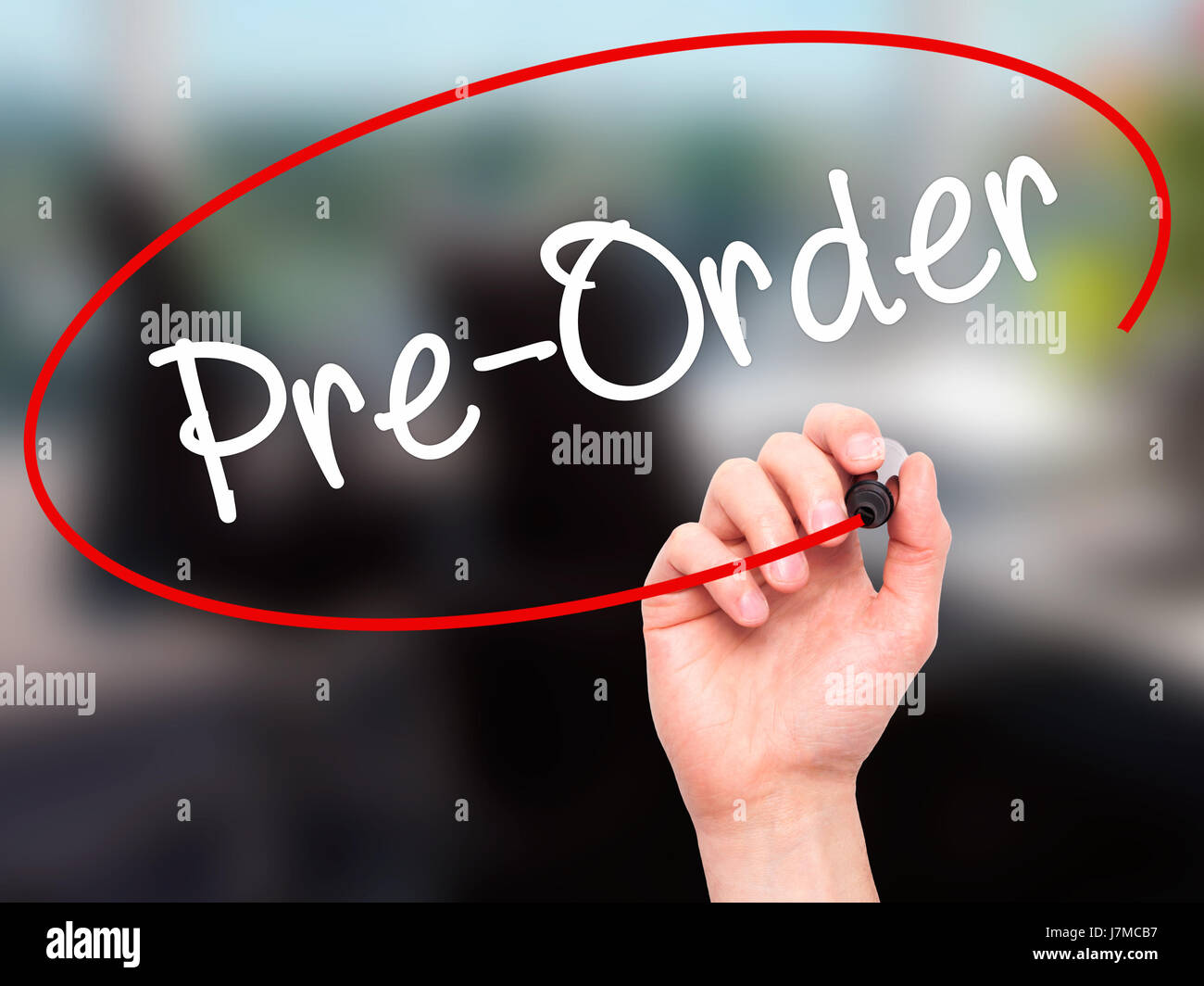 Man Hand writing Pre-Order with black marker on visual screen. Isolated ...