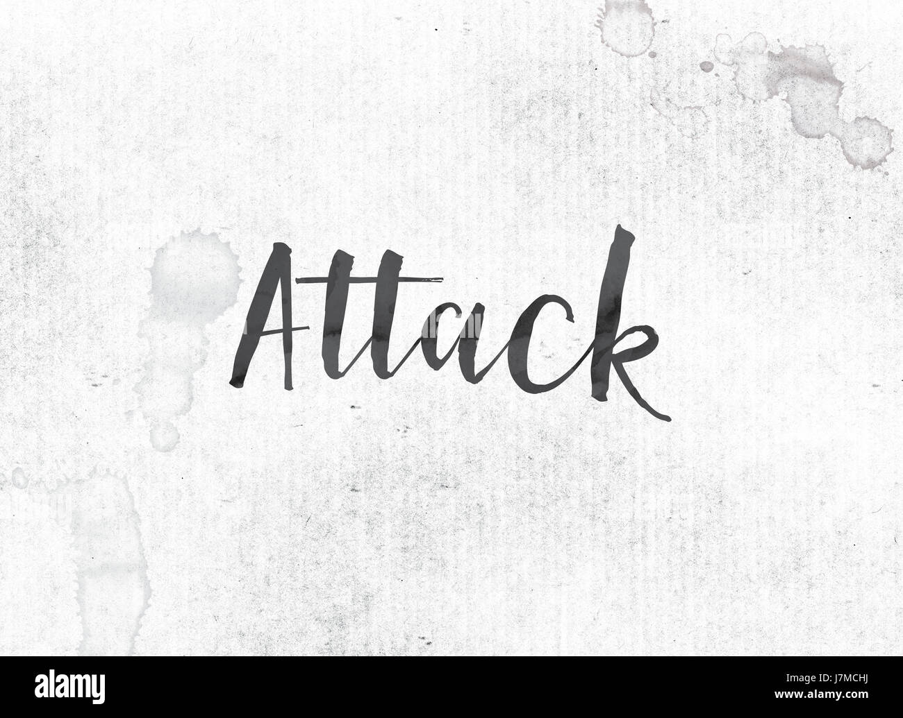 The word Attack concept and theme painted in black ink on a watercolor ...