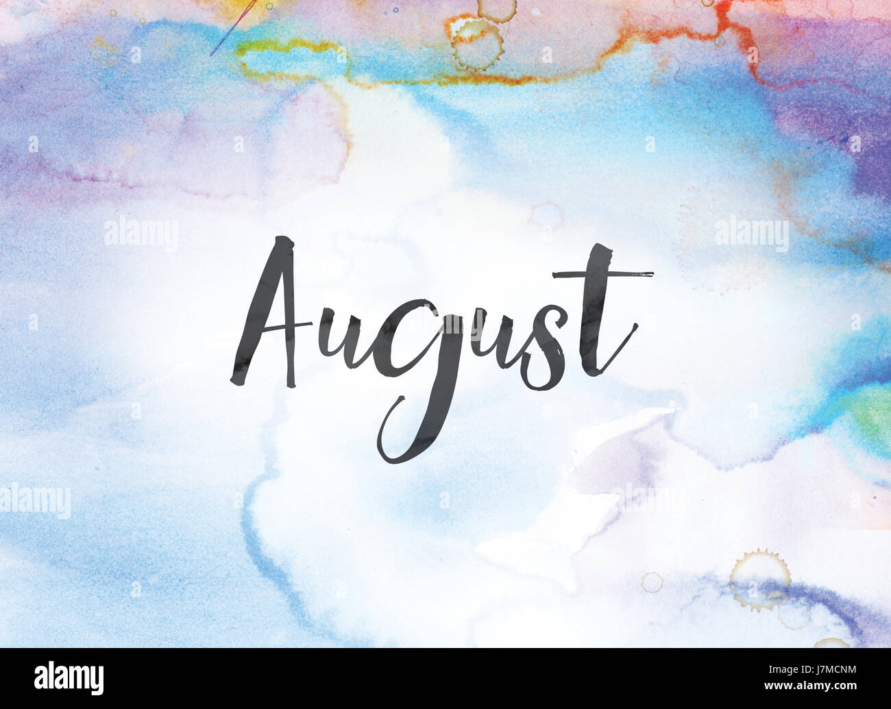 The word August concept and theme written in black ink on a colorful ...