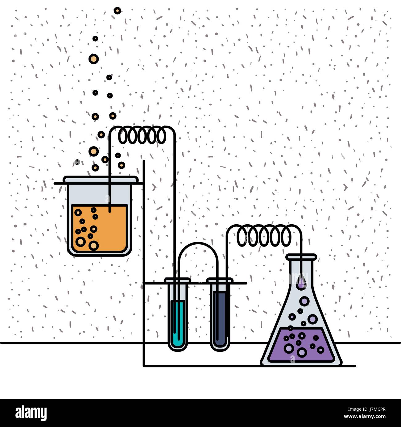 white background with sparkles of glass beaker connected to test tube ...