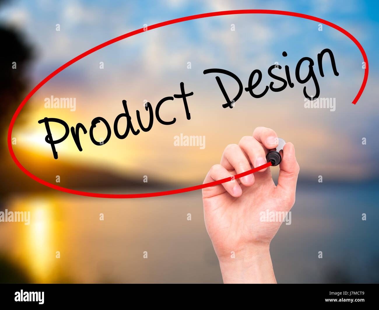 Man Hand writing Product Design with black marker on visual screen ...