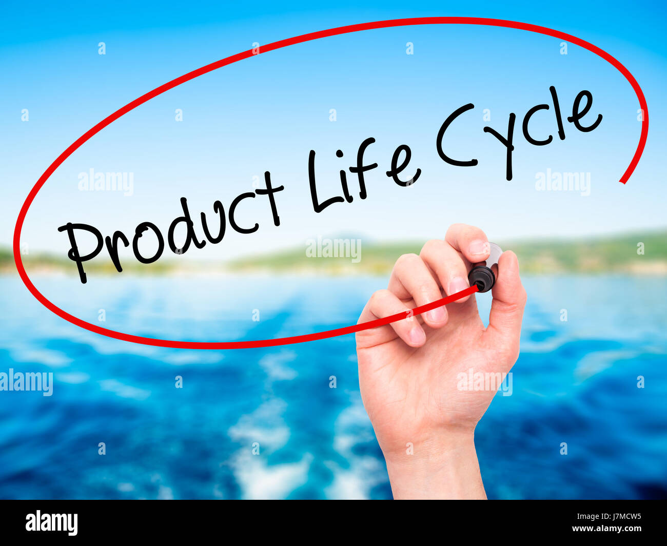 Man Hand writing Product Life Cycle with black marker on visual screen ...