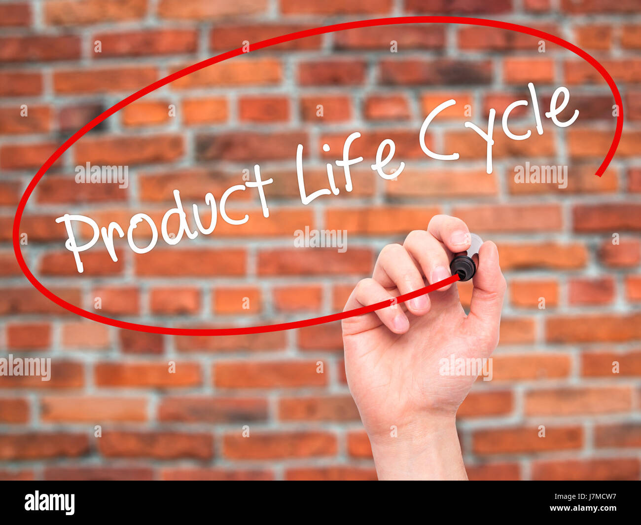 Man Hand writing Product Life Cycle with black marker on visual screen ...