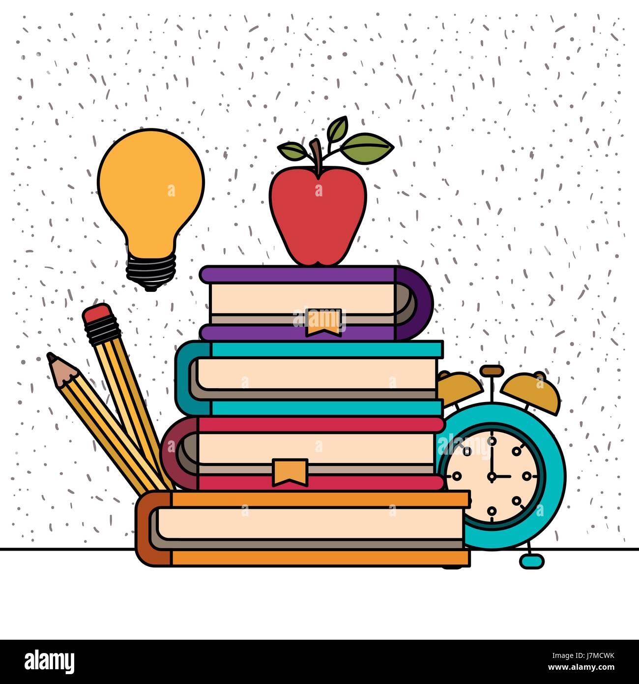 white background with sparkles of color set college education items ...