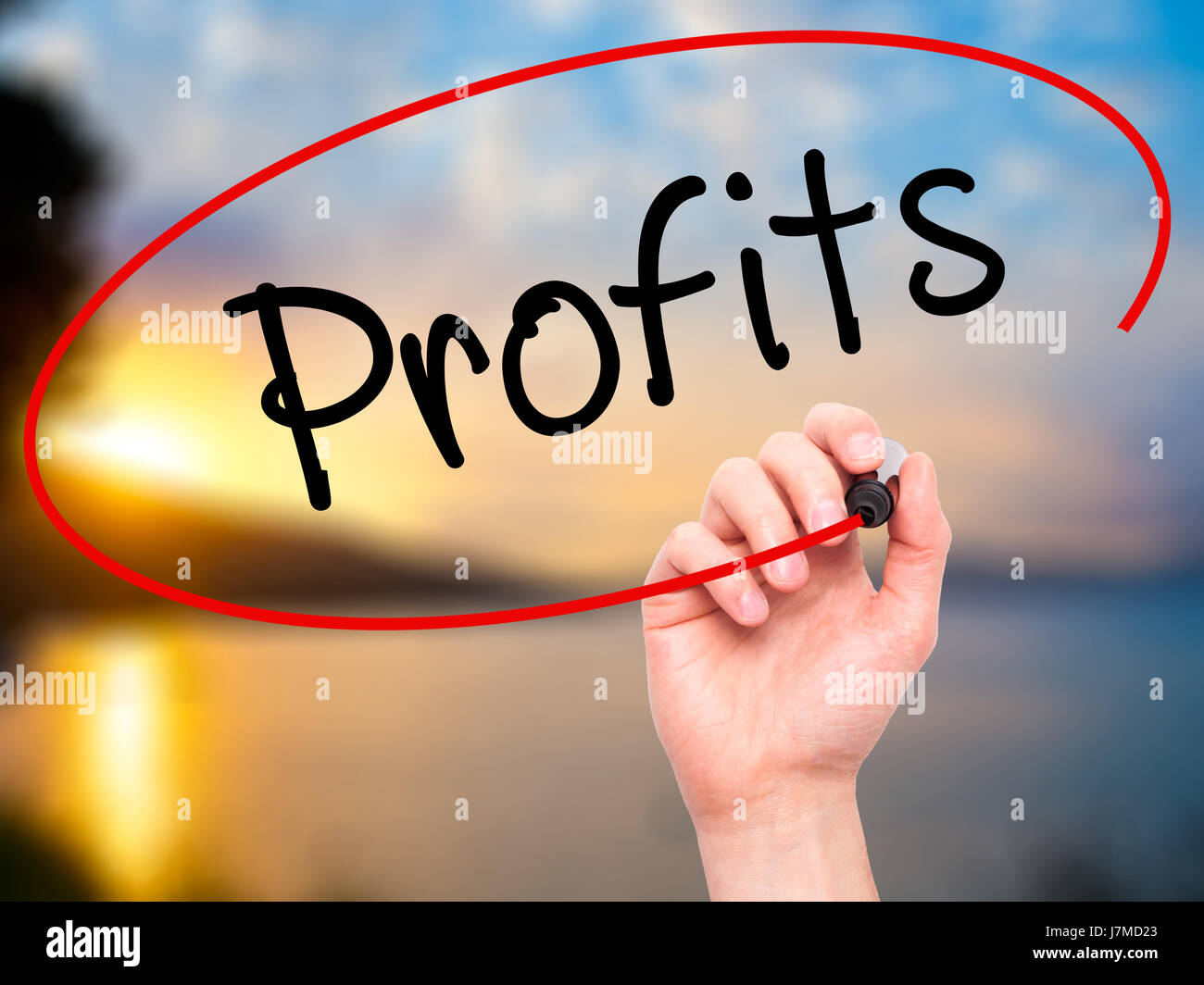 Man Hand writing Profits with black marker on visual screen. Isolated ...