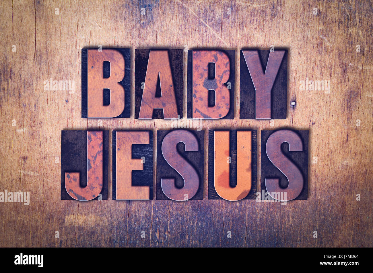 Baby Jesus concept and theme written in vintage wooden letterpress type ...