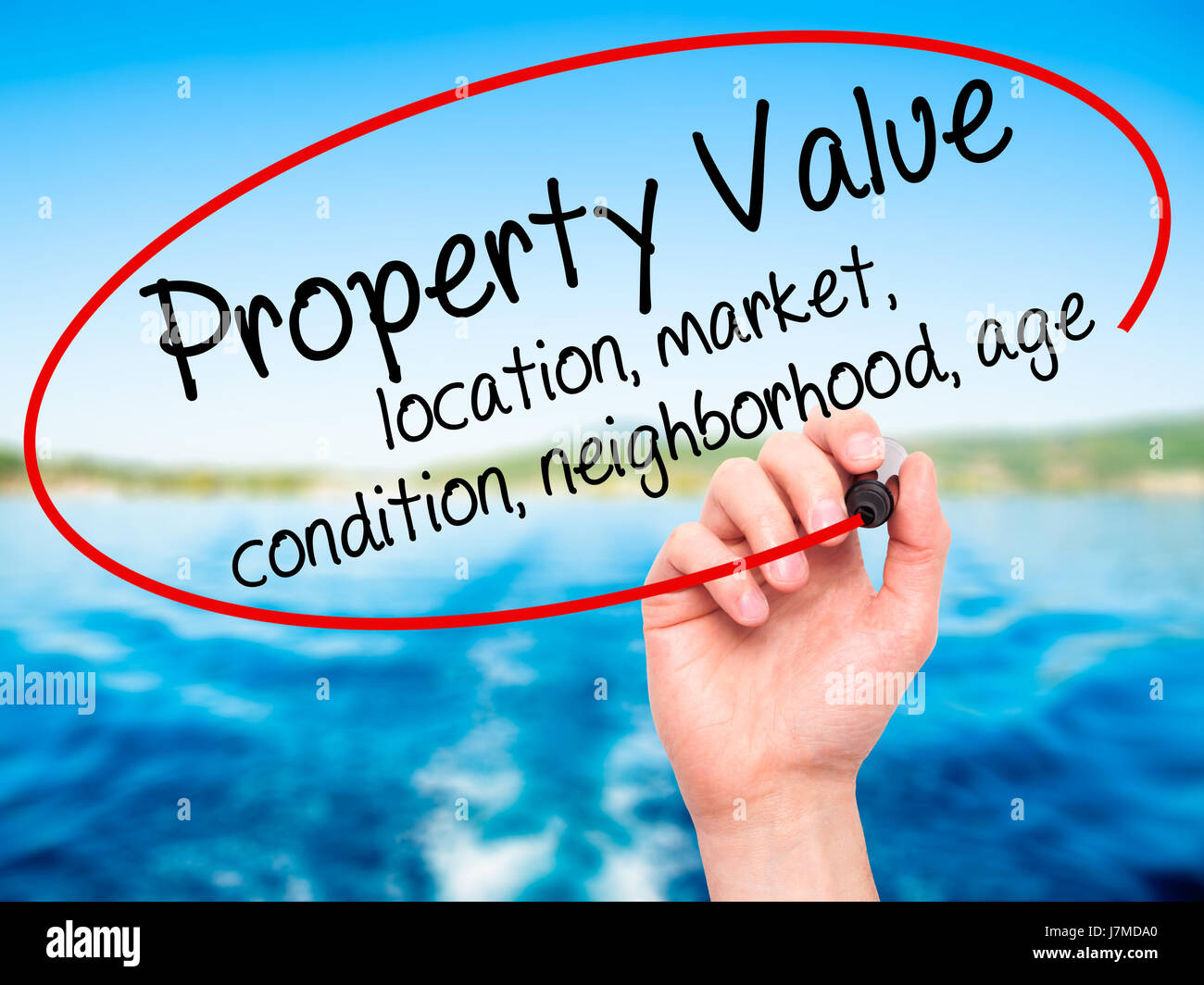 Man Hand writing Property Value - location, market, condition ...