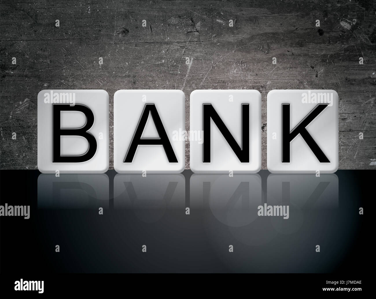 The word Bank concept and theme written in white tiles on a dark ...