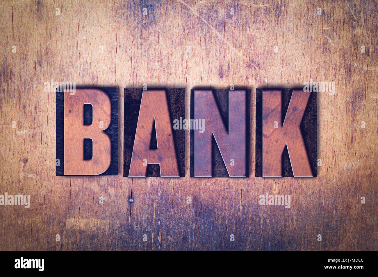The word Bank concept and theme written in vintage wooden letterpress ...
