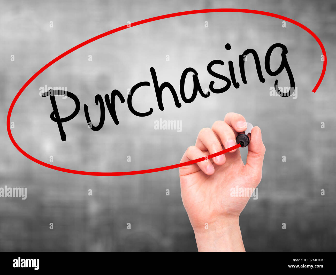 Man Hand writing Purchasing with black marker on visual screen ...