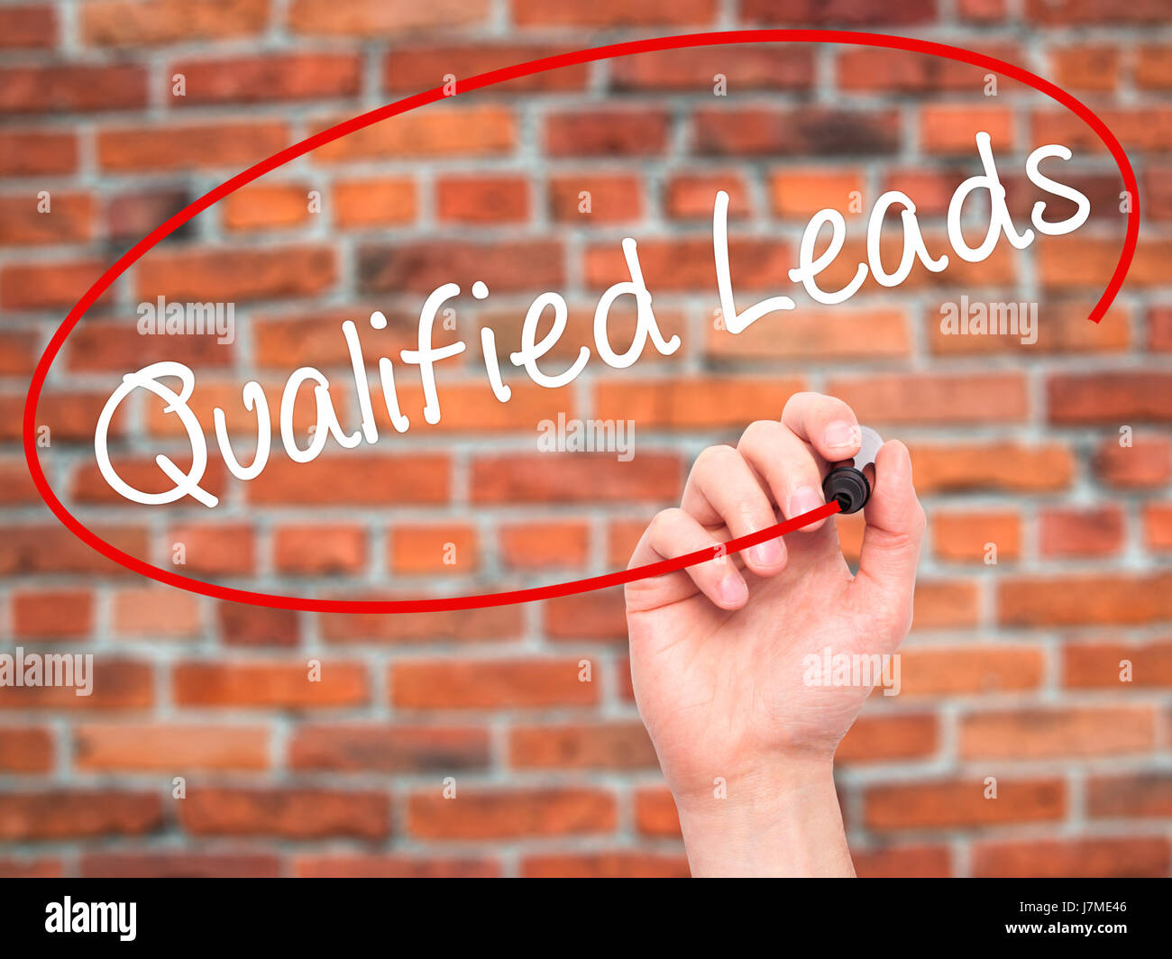 Man Hand writing Qualified Leads with black marker on visual screen ...