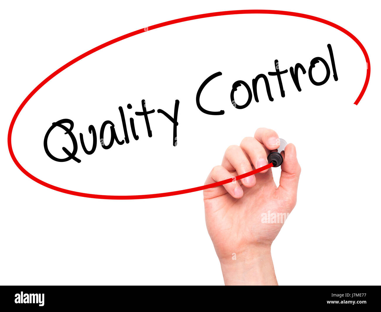 Man Hand writing Quality Control with black marker on visual screen ...