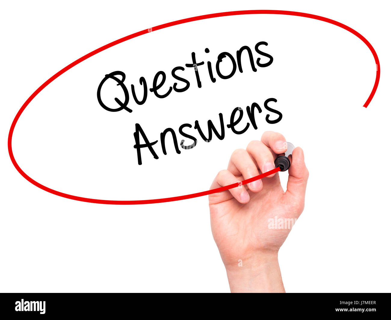 Man Hand writing Questions Answers with black marker on visual screen ...