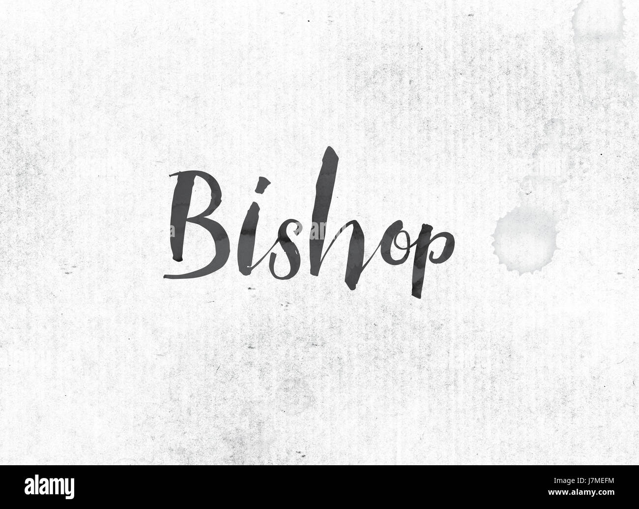 The word Bishop concept and theme painted in black ink on a watercolor ...