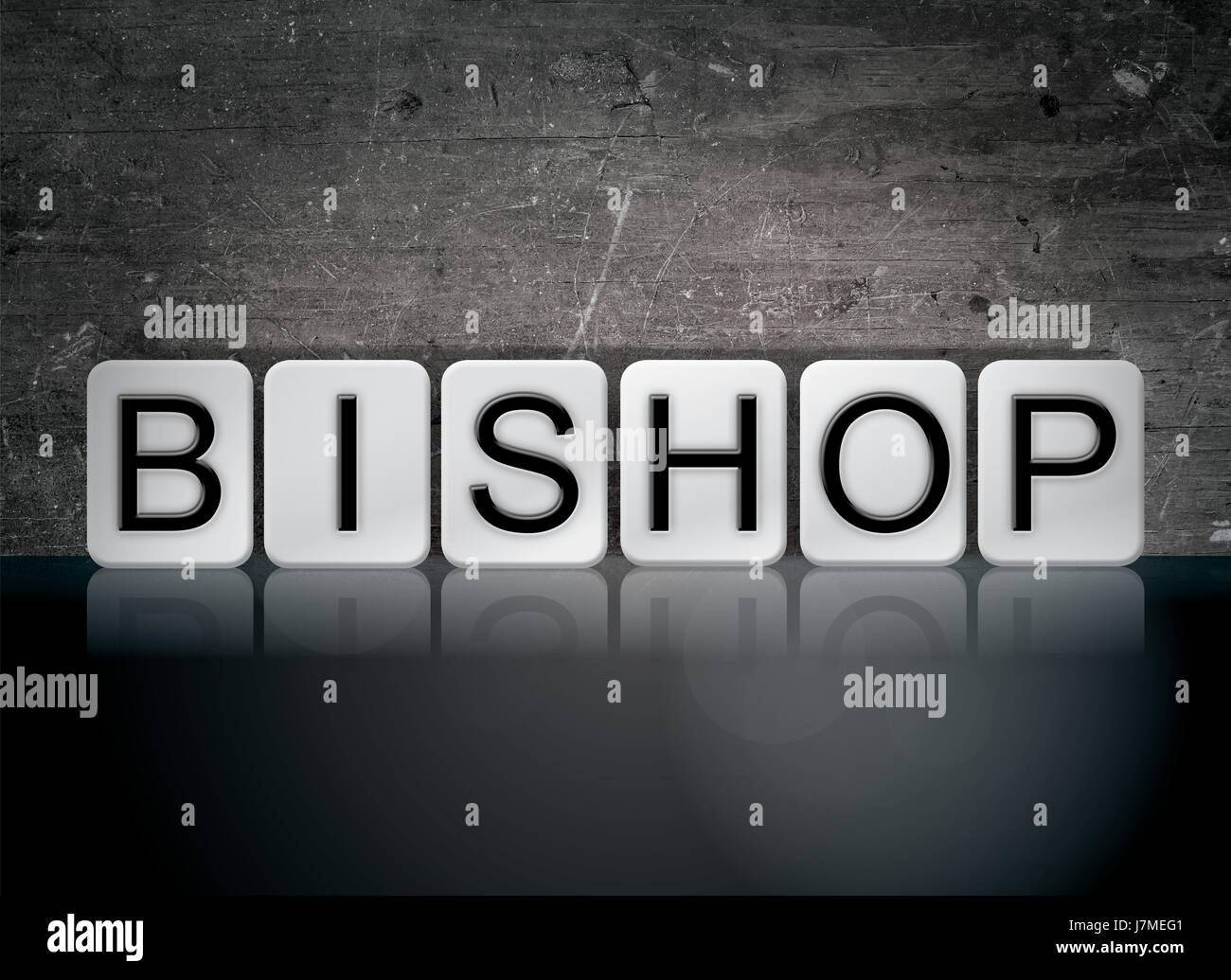 The word Bishop concept and theme written in white tiles on a dark ...