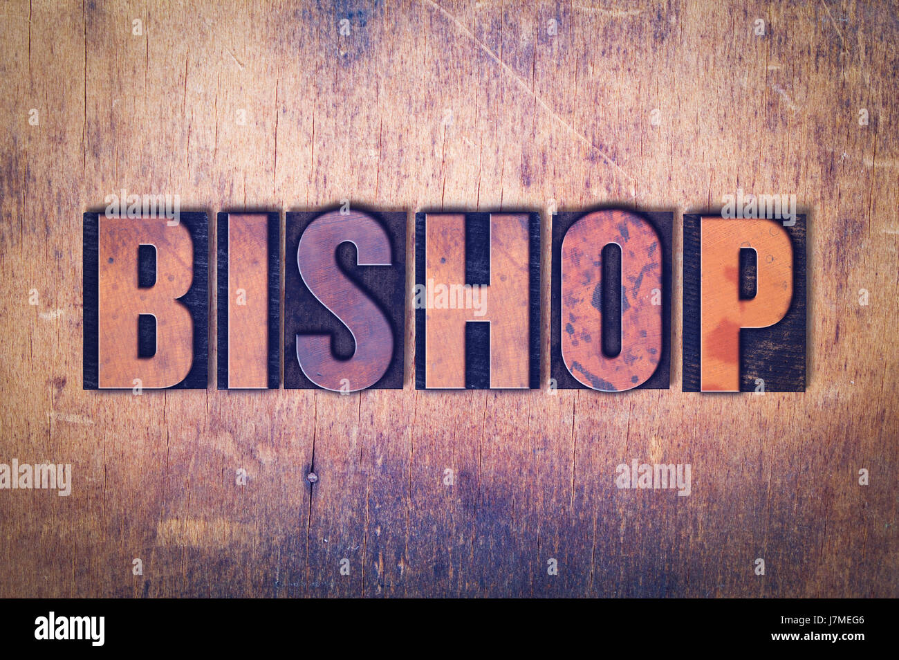 The word Bishop concept and theme written in vintage wooden letterpress ...