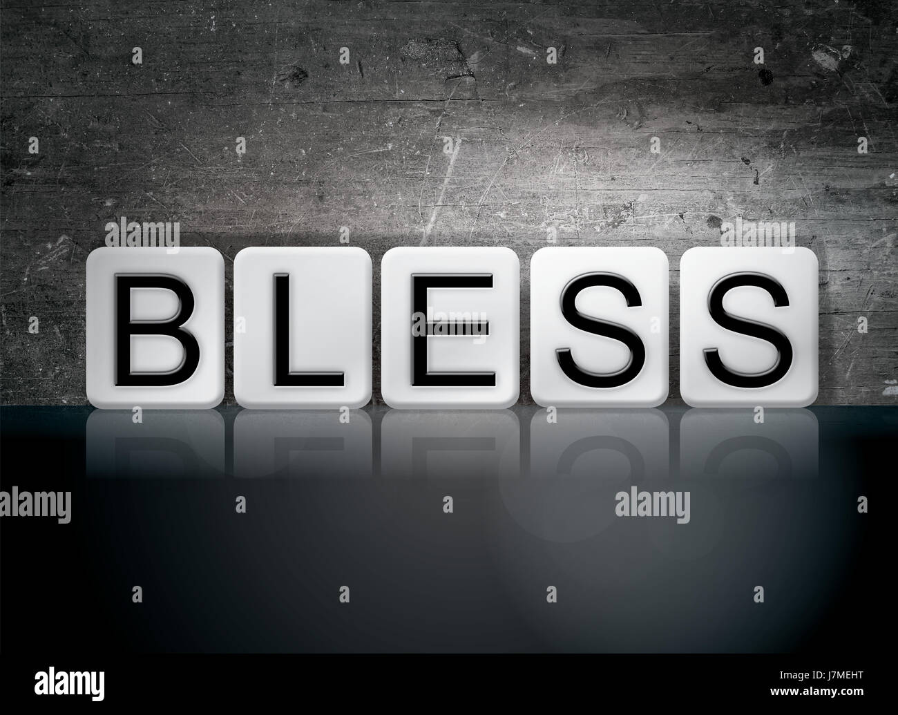 The word Bless concept and theme written in white tiles on a dark ...