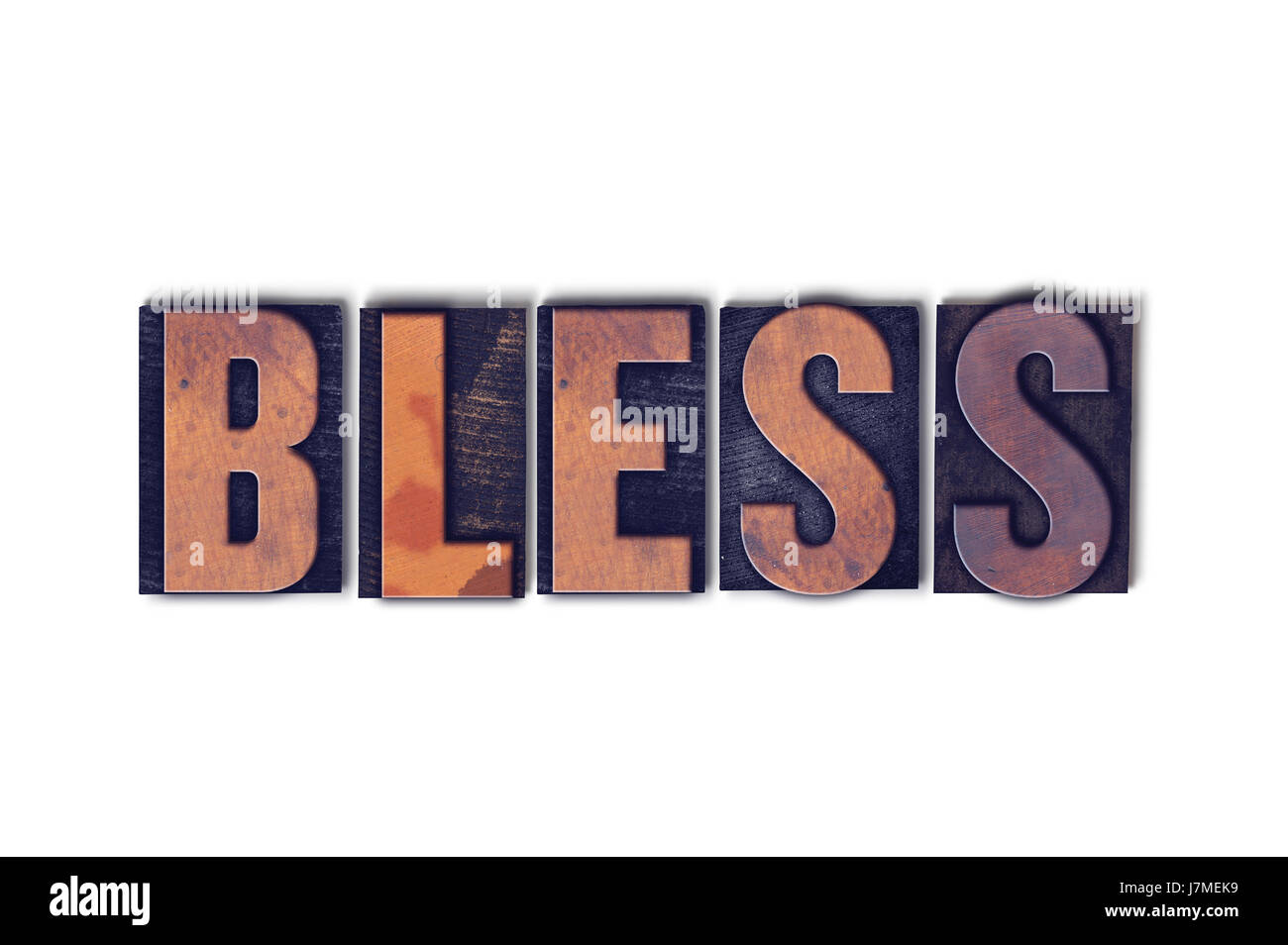 The word Bless concept and theme written in vintage wooden letterpress ...