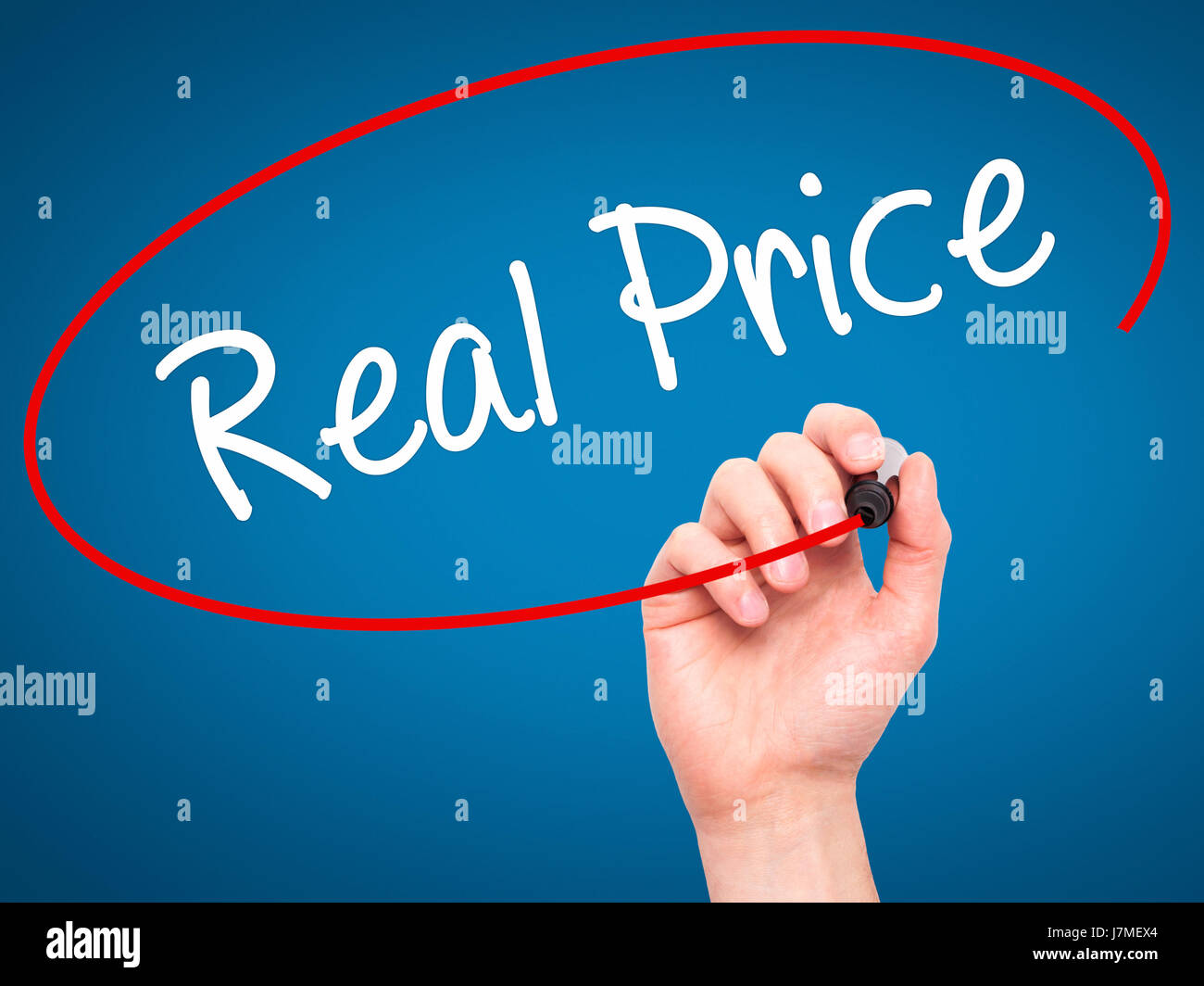 Man Hand writing Real Price with black marker on visual screen ...