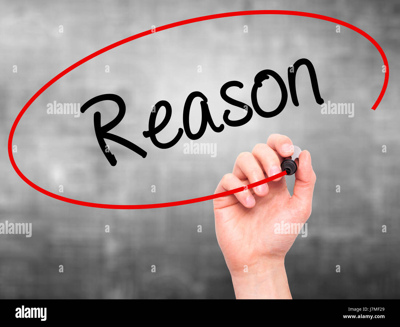 Man Hand writing Reason with black marker on visual screen. Isolated on ...