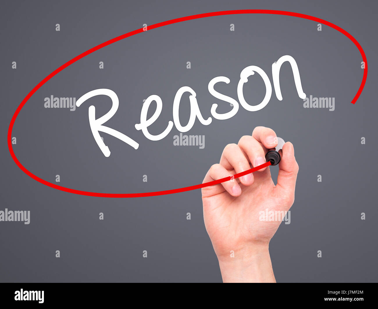 Man Hand writing Reason with black marker on visual screen. Isolated on ...