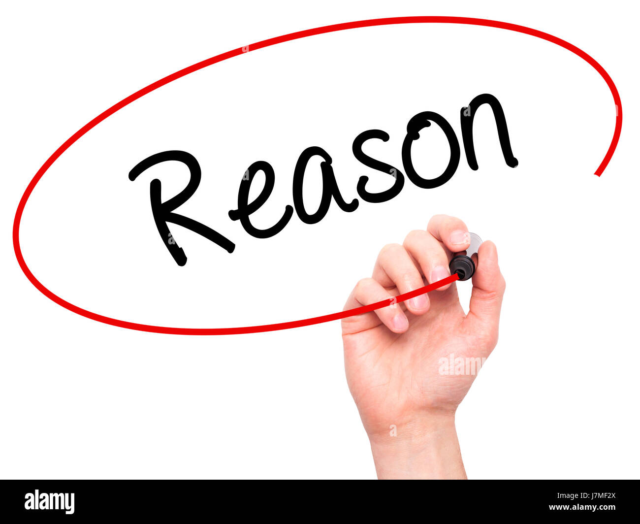 Man Hand writing Reason with black marker on visual screen. Isolated on ...