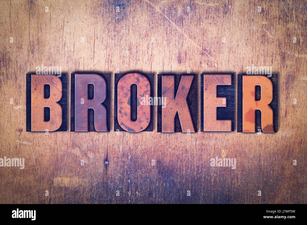 The word Broker concept and theme written in vintage wooden letterpress ...
