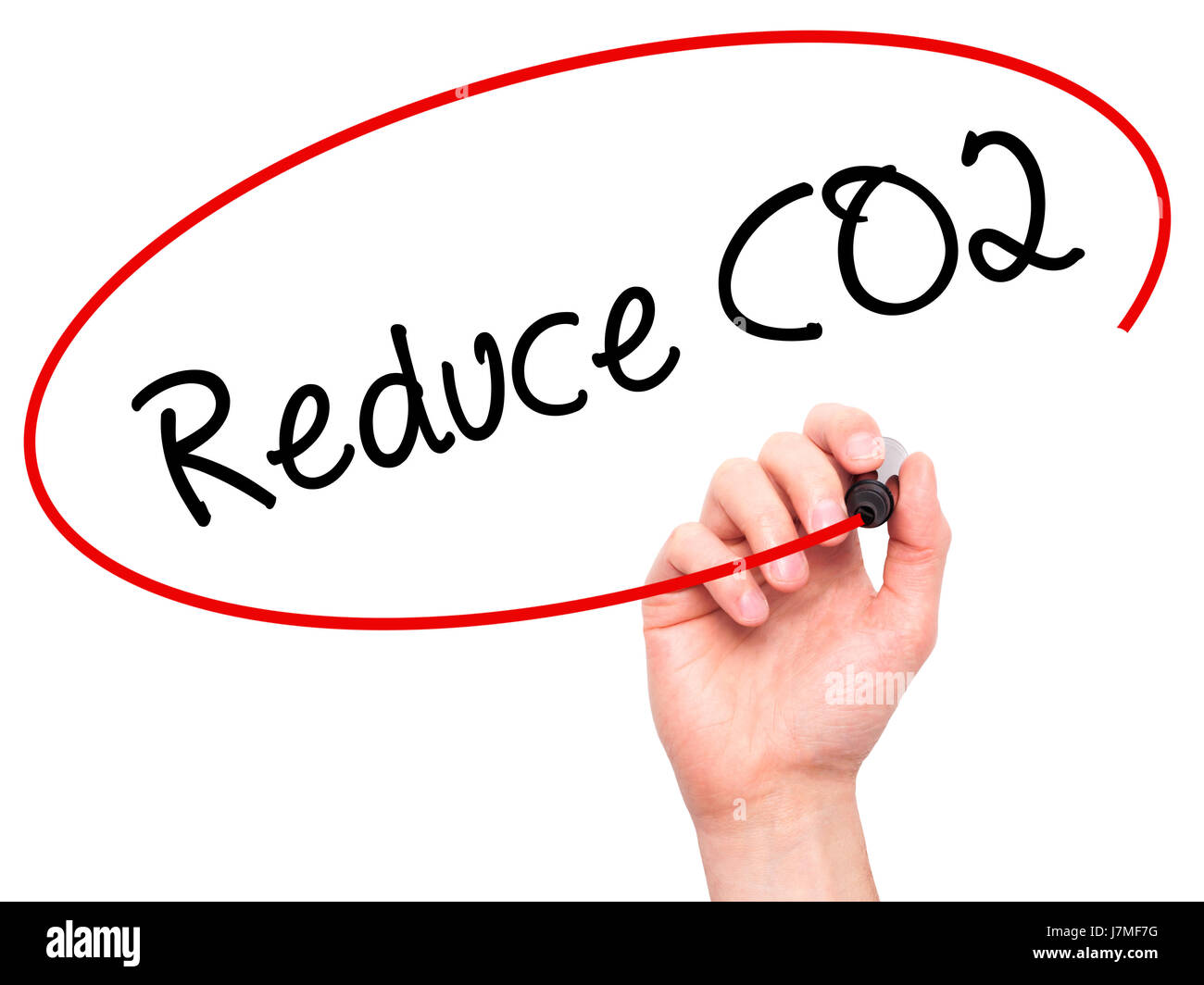 Man Hand writing Reduce CO2 with black marker on visual screen ...