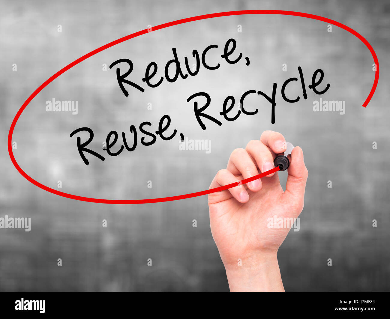 Man Hand writing Reduce Reuse Recycle with black marker on visual ...